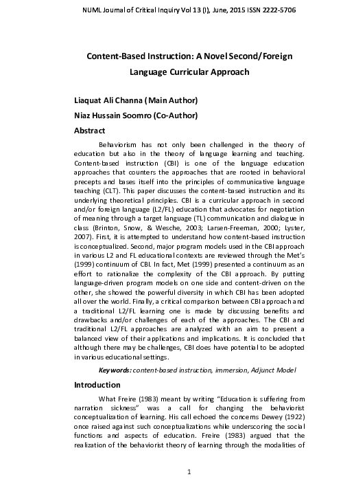 (PDF) Content-Based Instruction: A Novel Second/Foreign Language Curricular Approach