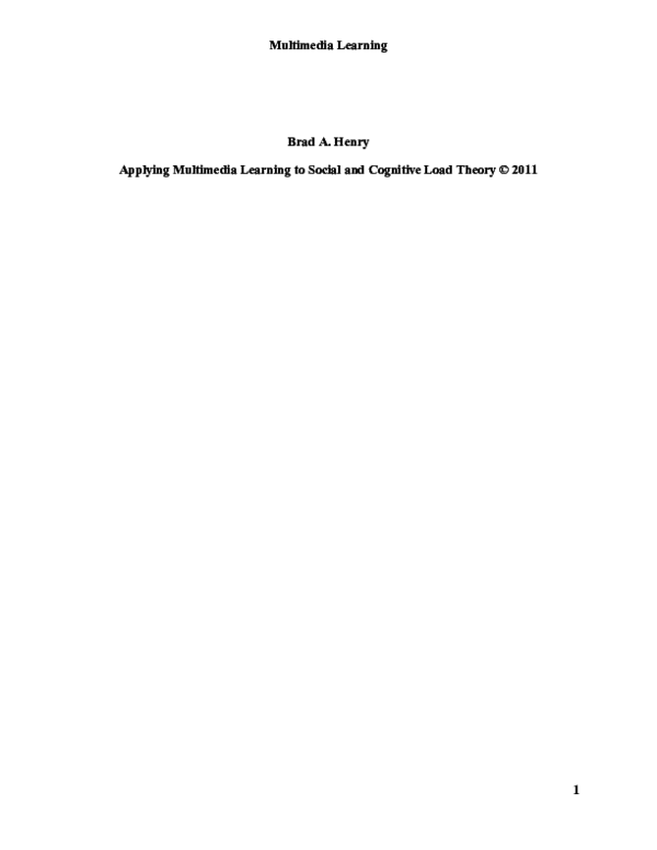 (PDF) Multimedia Learning Applying Multimedia Learning to Social and Cognitive Load Theory