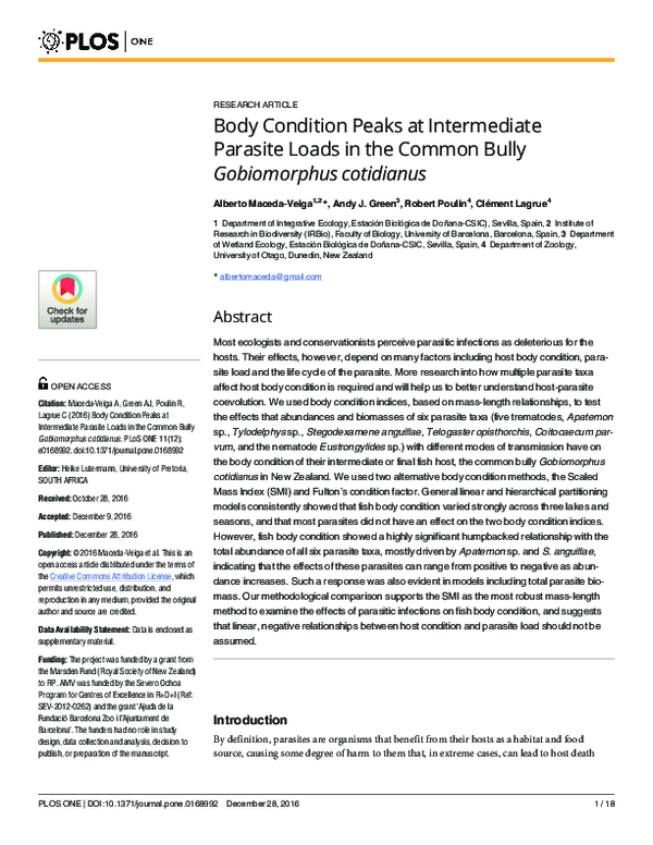 (PDF) Body Condition Peaks at Intermediate Parasite Loads in the Common ...