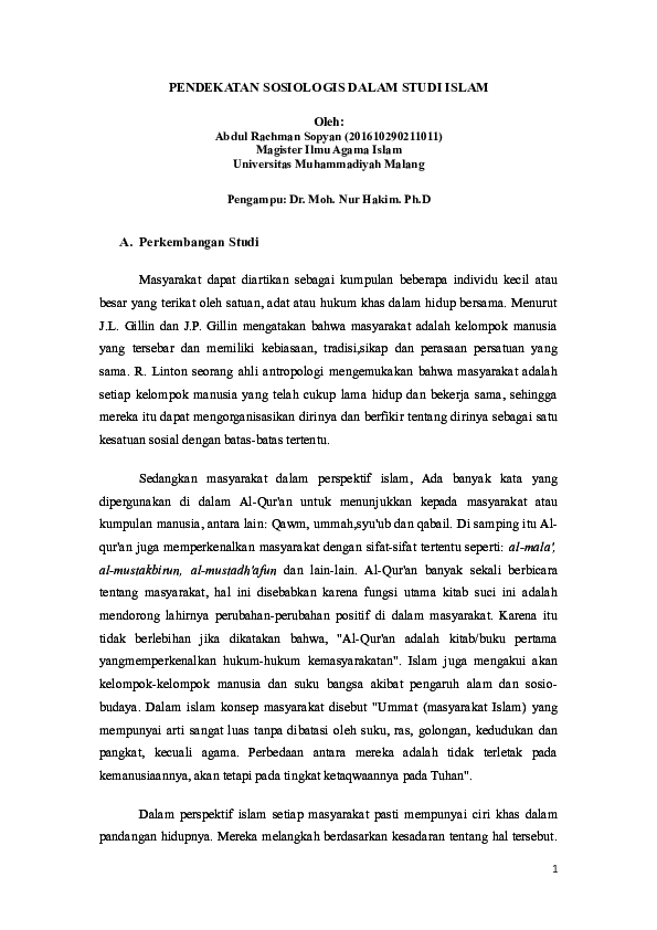 (DOC) PENDEKATAN SOSIOLOGIS DALAM STUDI ISLAM Oleh