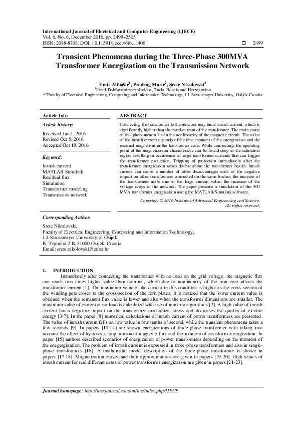 Pdf Transient Phenomena During The Three Phase 300mva Transformer Energization On The