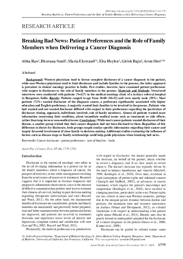(PDF) Breaking bad news: Patient preferences and the role of family ...
