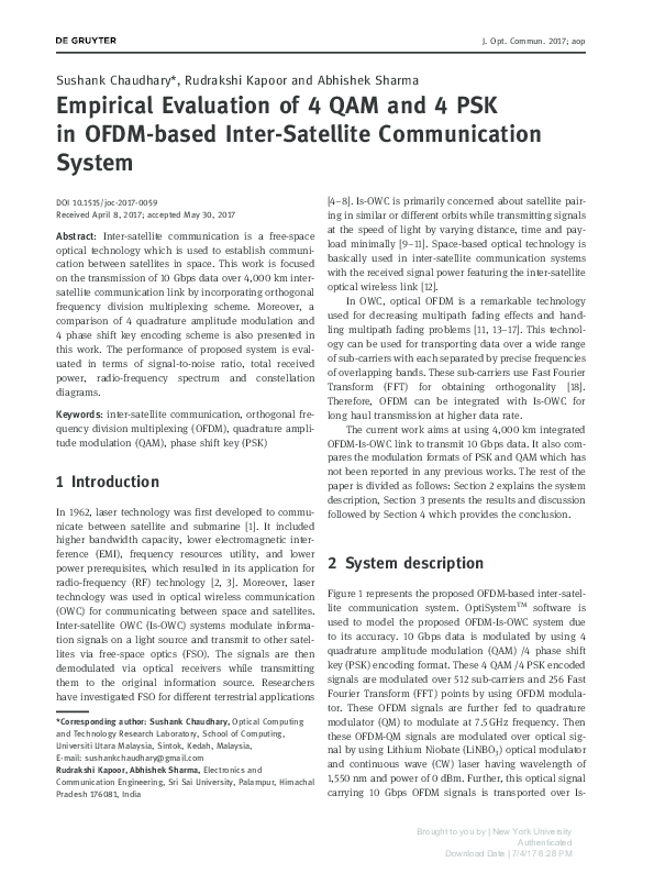 (PDF) Empirical Evaluation of 4 QAM and 4 PSK in OFDM-based Inter-Satellite Communication System