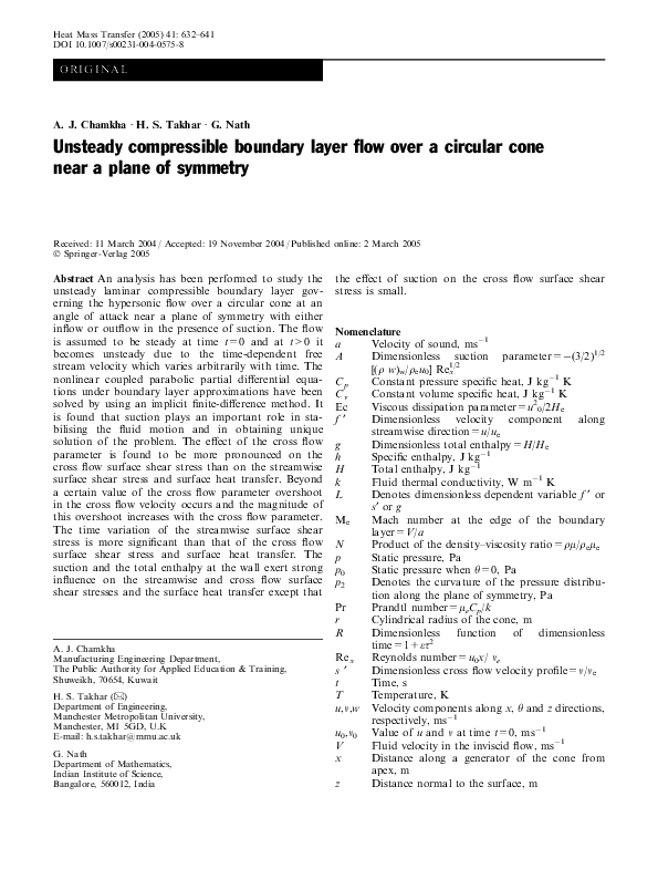 (PDF) Unsteady compressible boundary layer flow over a circular cone near a plane of symmetry.pdf
