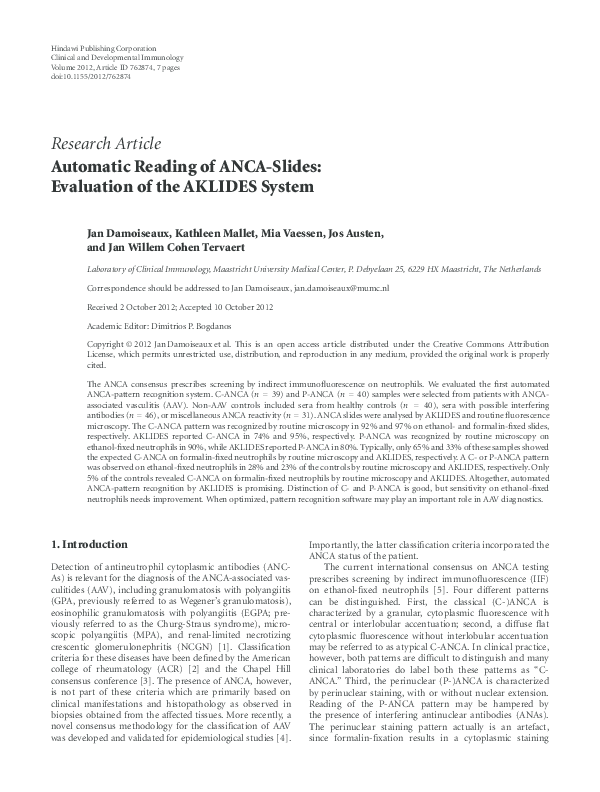 (PDF) Automatic Reading of ANCA-Slides: Evaluation of the AKLIDES System