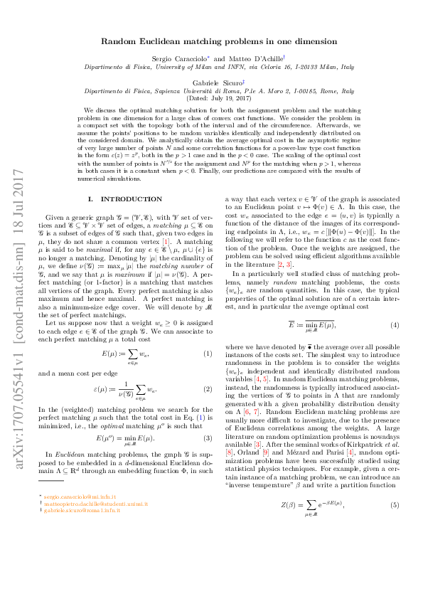 (PDF) Random Euclidean matching problems in one dimension