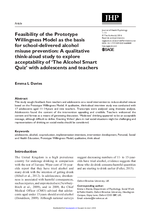 (PDF) Feasibility of the Prototype Willingness Model as the basis for ...