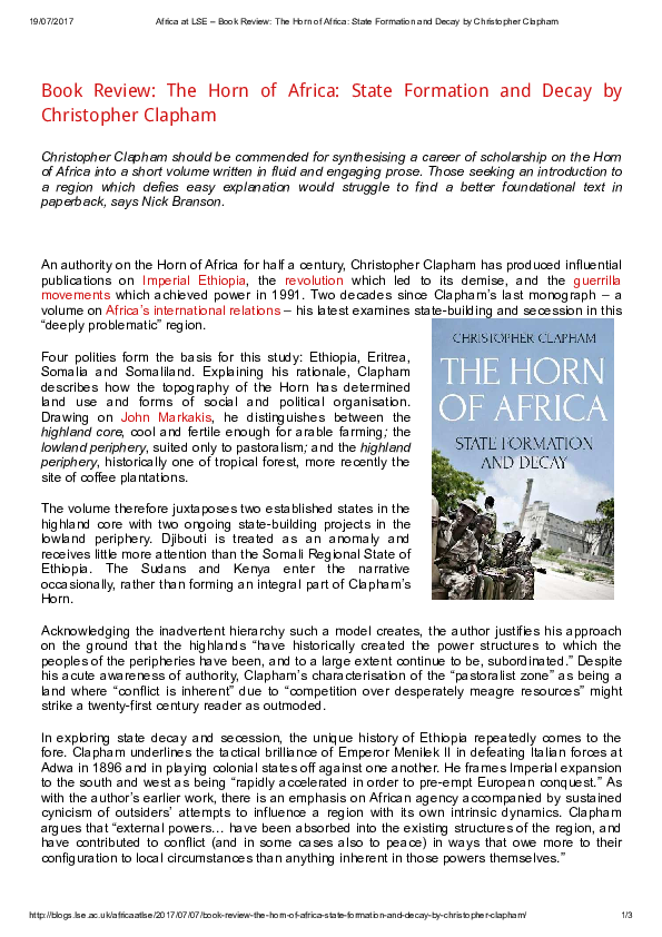 (PDF) Book Review: The Horn of Africa: State Formation and Decay