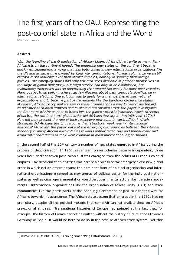 (PDF) The first years of the OAU. Representing the post-colonial state ...