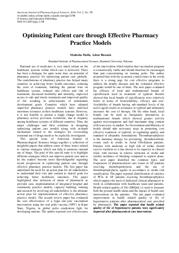 Pdf Optimizing Patient Care Through Effective Pharmacy Practice Models