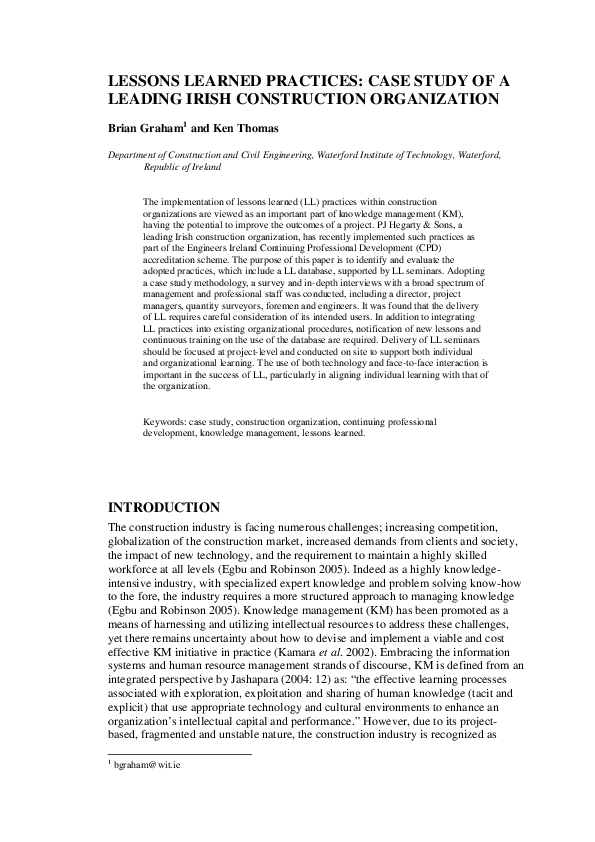 (PDF) Lessons Learned Practices: Case Study of a Leading Irish ...