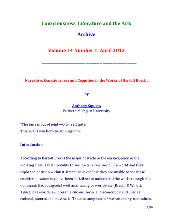 (PDF) Narrative, Consciousness and Cognition in the Works of Bertolt Brecht