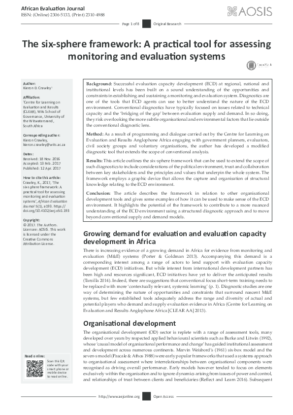 (PDF) The six-sphere framework: A practical tool for assessing monitoring and evaluation systems