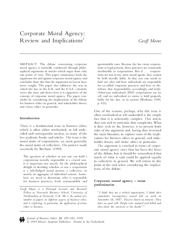(PDF) Corporate moral agency: review and implications
