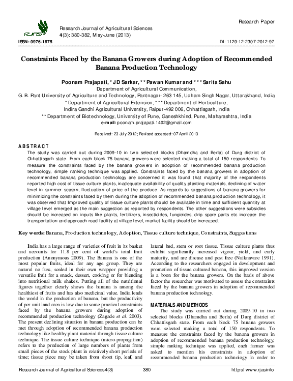 (PDF) Constraints Faced by the Banana Growers during Adoption of Recommended Banana Production ...