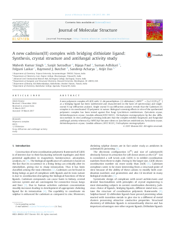 (PDF) A new cadmium(II) complex with bridging dithiolate ligand: Synthesis, crystal structure ...