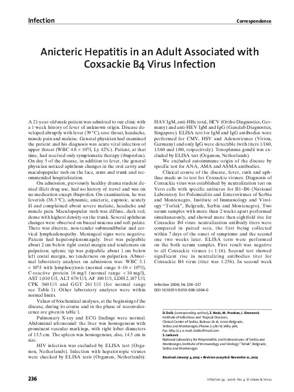 (PDF) Anicteric Hepatitis in an Adult Associated with Coxsackie B4 ...