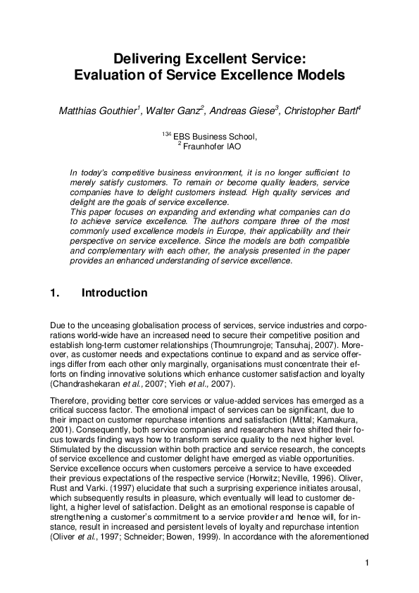 (PDF) Delivering Excellent Service: Evaluation of Service Excellence Models