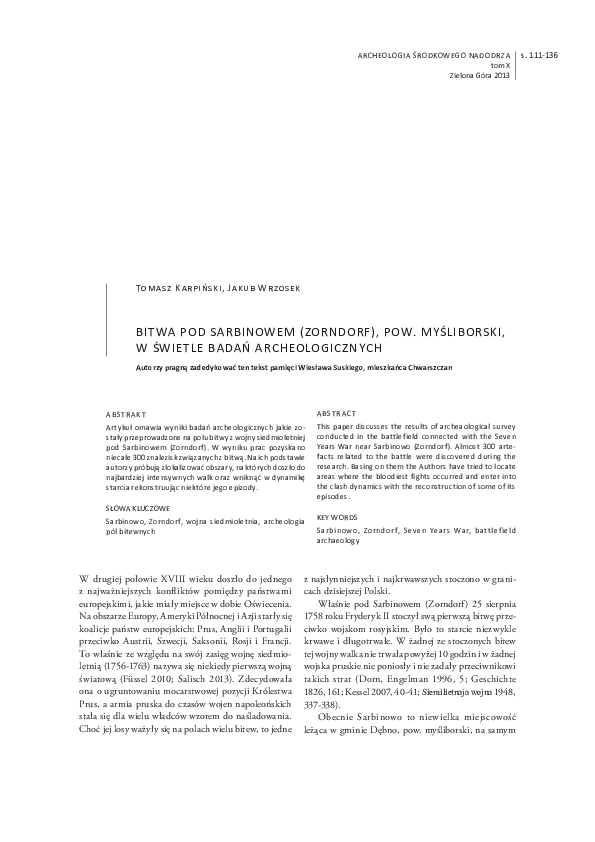(PDF) Bitwa pod Sarbinowem (Zorndorf), pow. myśliborski, w świetle ...