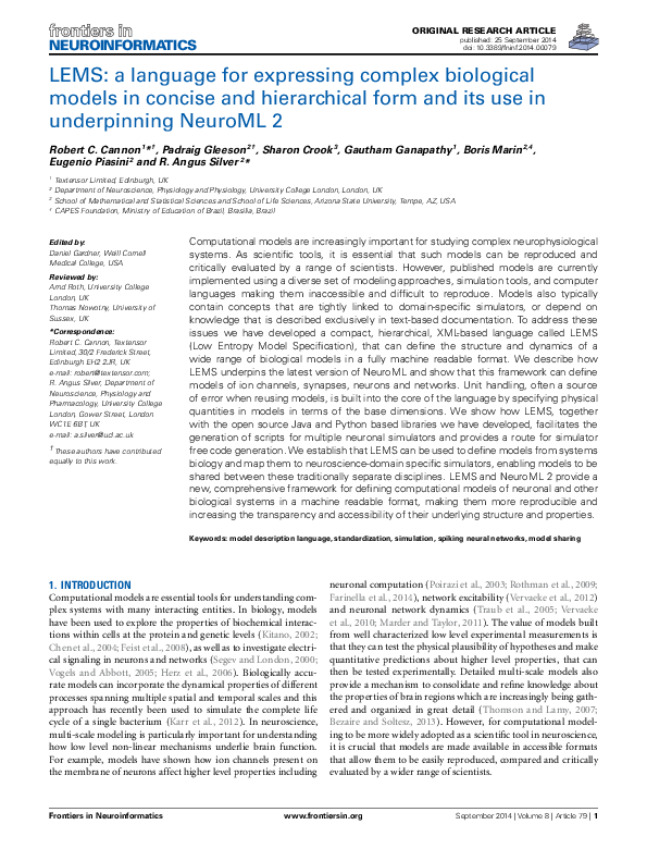 (PDF) LEMS: a language for expressing complex biological models in concise and hierarchical form ...
