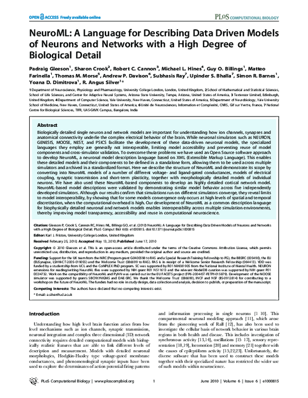 Pdf Neuroml A Language For Describing Data Driven Models Of Neurons