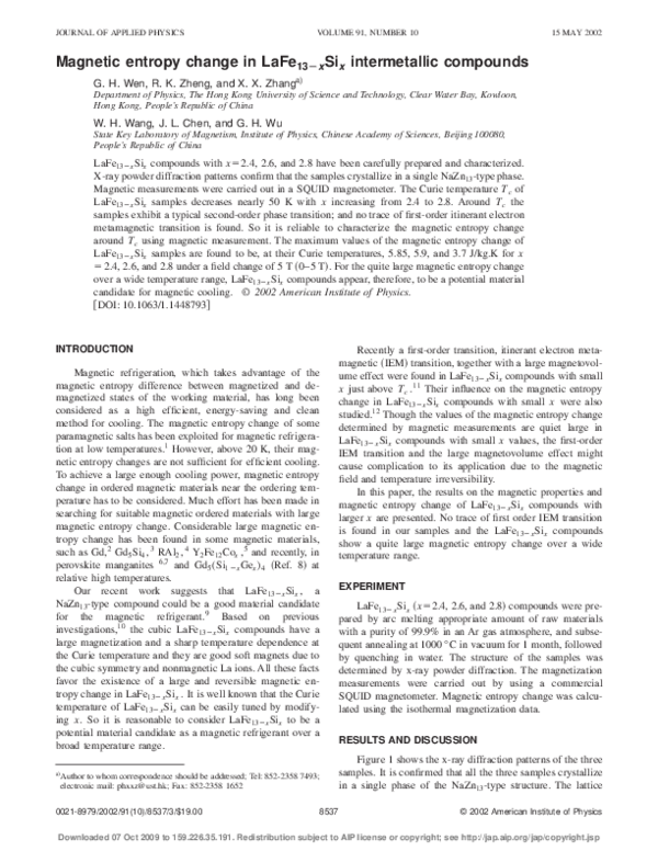 (PDF) Magnetic entropy change in LaFeSi intermetallic compounds