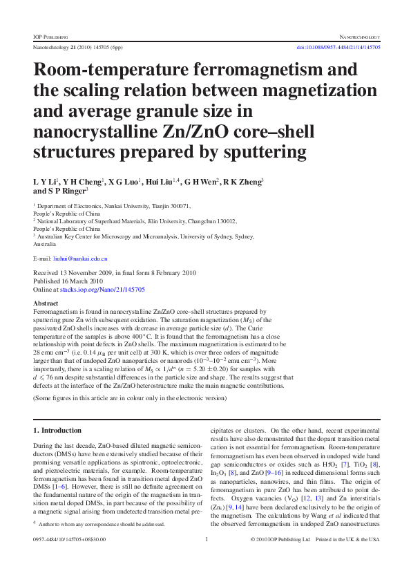 (PDF) Room-temperature ferromagnetism and the scaling relation between magnetization and average ...