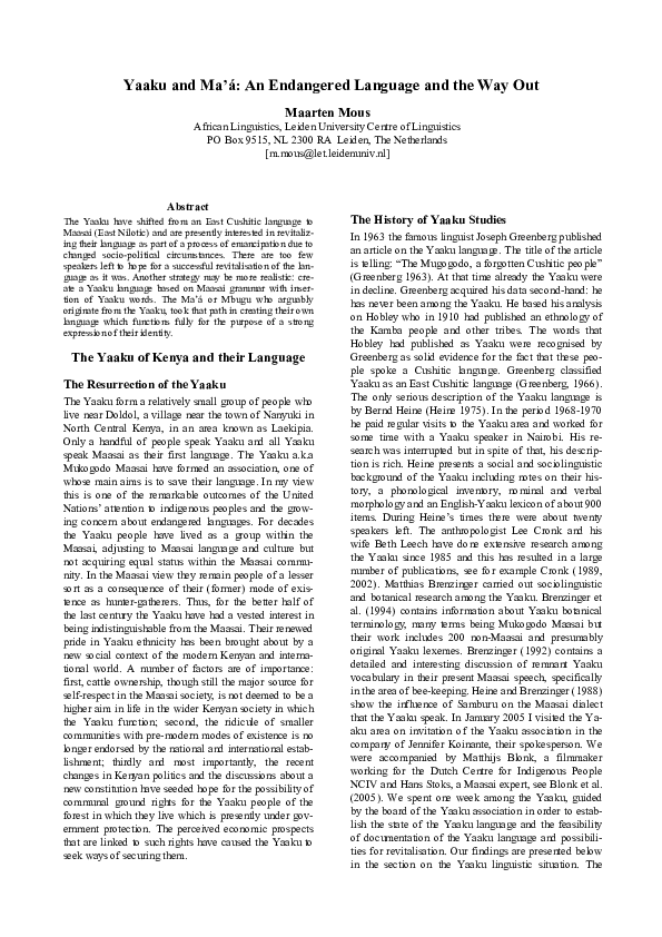 (PDF) Yaaku and Ma' á: An Endangered Language and the Way Out The Yaaku ...