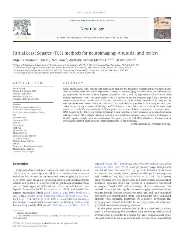 (PDF) Partial Least Squares (PLS) methods for neuroimaging: A tutorial and review