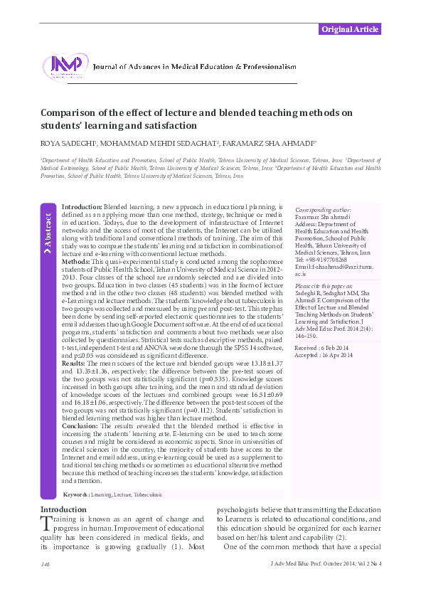Pdf Comparison Of The Effect Of Lecture And Blended Teaching Methods