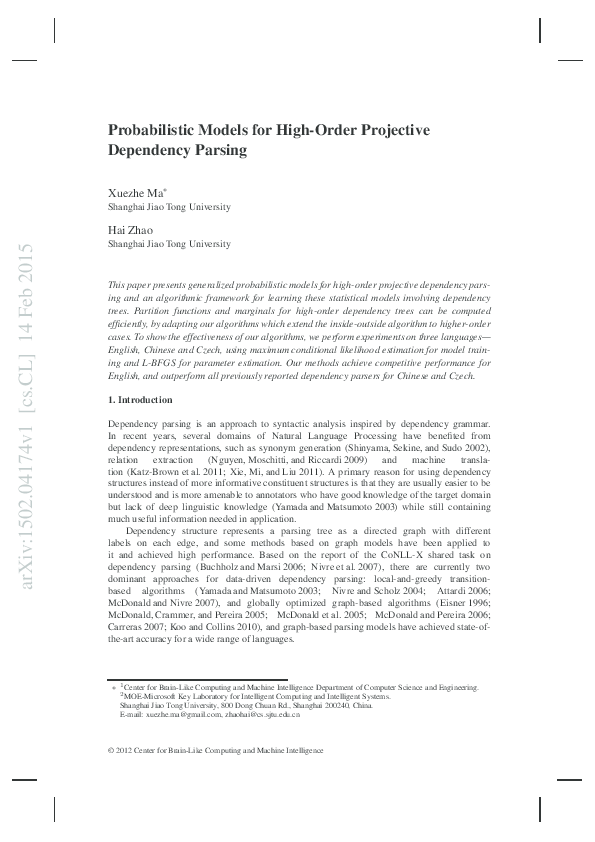 (PDF) Probabilistic Models for High-Order Projective Dependency Parsing