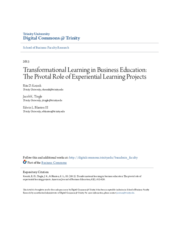 (PDF) Transformational Learning In Business Education: The Pivotal Role Of Experiential Learning ...
