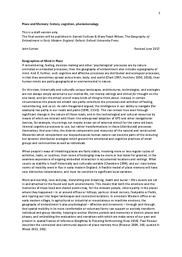 (PDF) Place and Memory: history, cognition, phenomenology