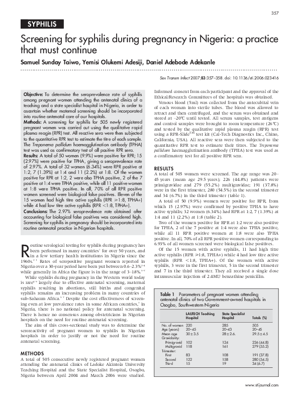(PDF) Screening for syphilis during pregnancy in Nigeria: a practice ...