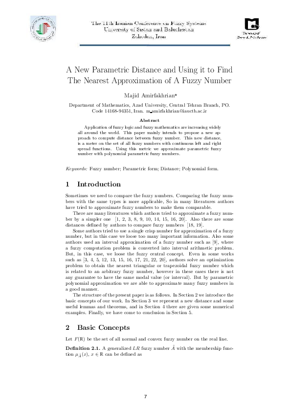 (PDF) A New Parametric Distance and Using it to Find The Nearest Approximation of A Fuzzy Number