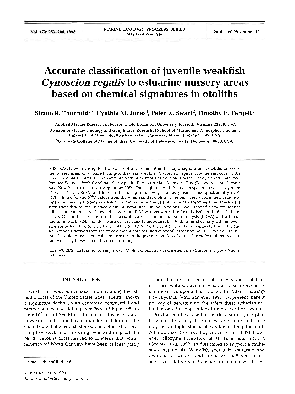 (PDF) Accurate classification of juvenile weakfish Cynoscion regalis to ...
