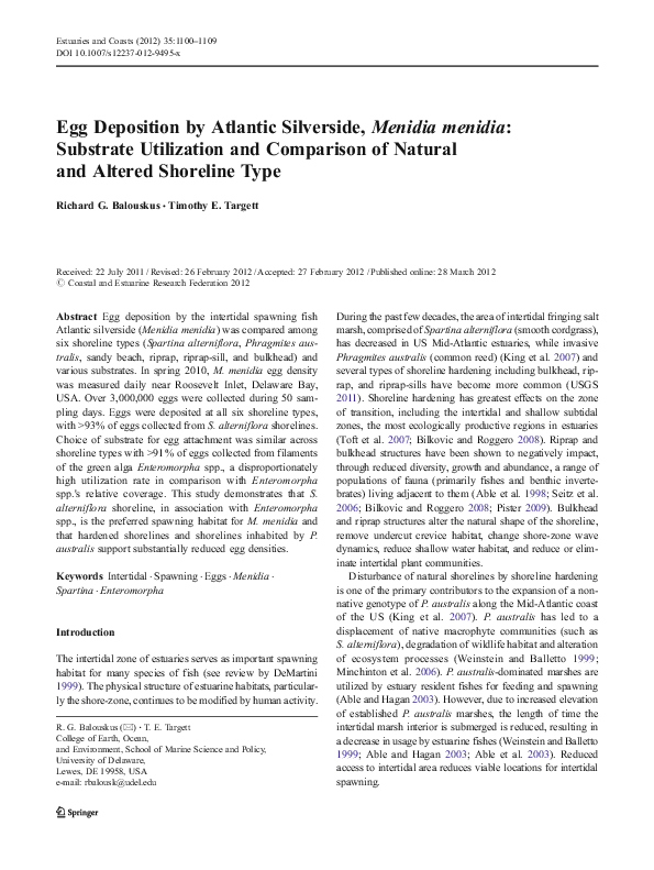(PDF) Egg Deposition by Atlantic Silverside, Menidia menidia: Substrate ...