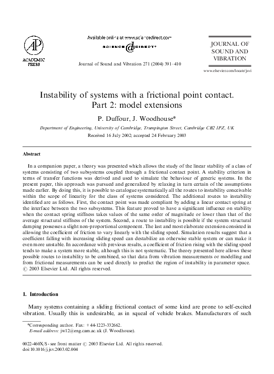 (PDF) Instability of systems with a frictional point contact. Part 1: basic modelling