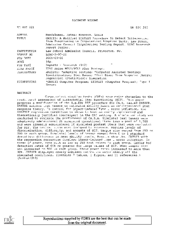 Pdf Catsib A Modified Sibtest Procedure To Detect Differential Item Functioning In