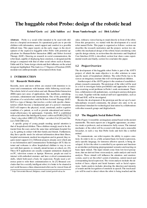 (PDF) The huggable robot probo: design of the robotic head