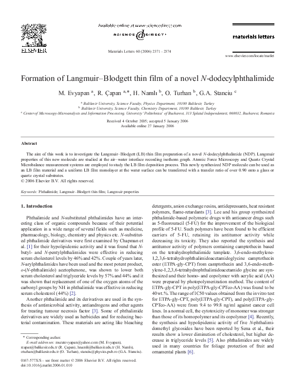(PDF) Langmuir–Blodgett Films of Novel N-Dodecylphthalimide
