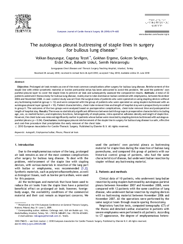 (PDF) The autologous pleural buttressing of staple lines in surgery for ...