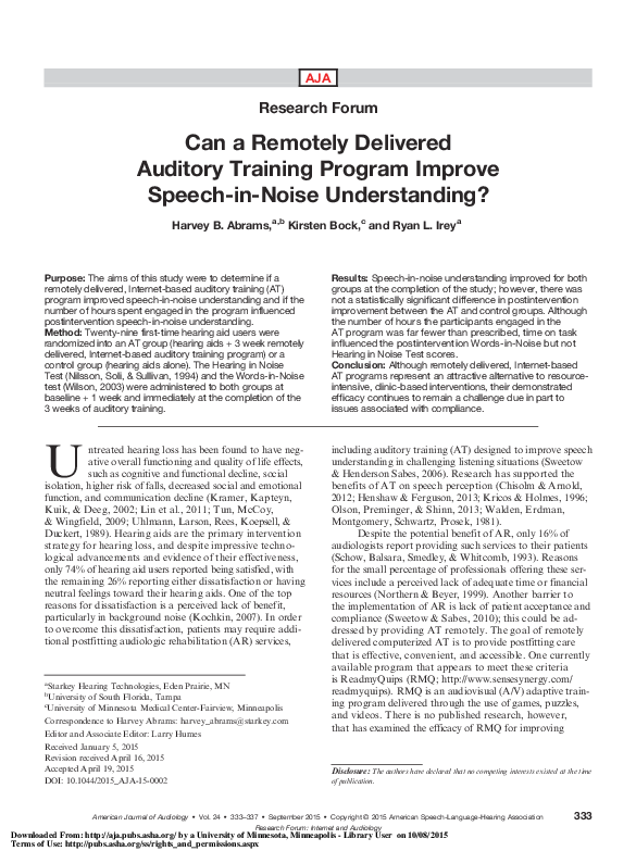 (PDF) Can a Remotely-Delivered Auditory Training Program Improve Speech ...