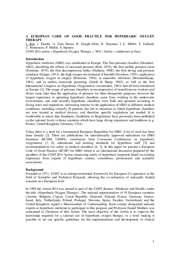 (PDF) A European code of good practice for hyperbaric oxygen therapy