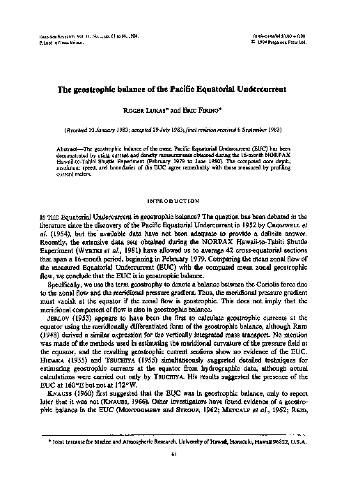 (PDF) The geostrophic balance of the Pacific Equatorial Undercurrent