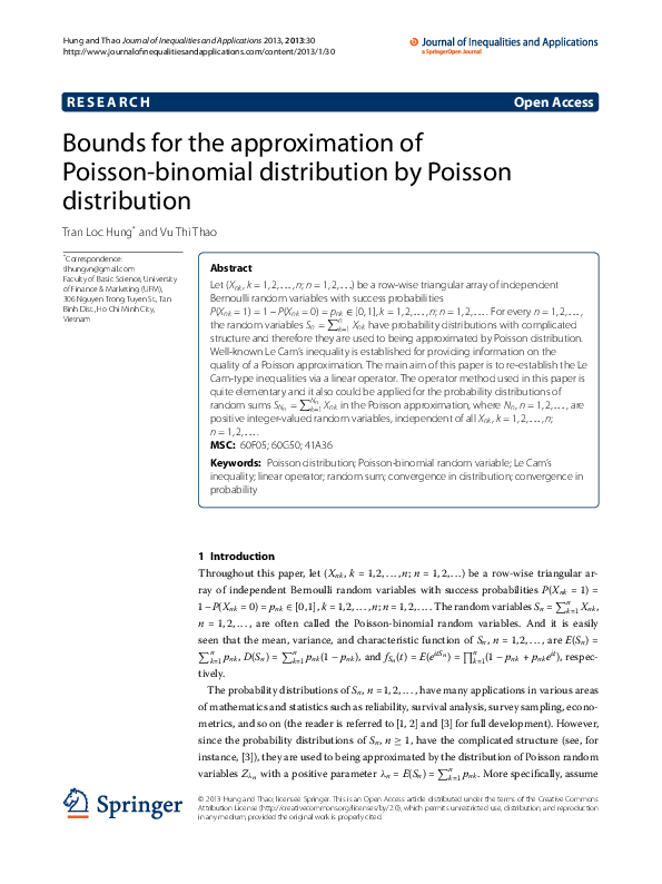 (PDF) Bounds for the approximation of Poisson-binomial distribution by Poisson distribution