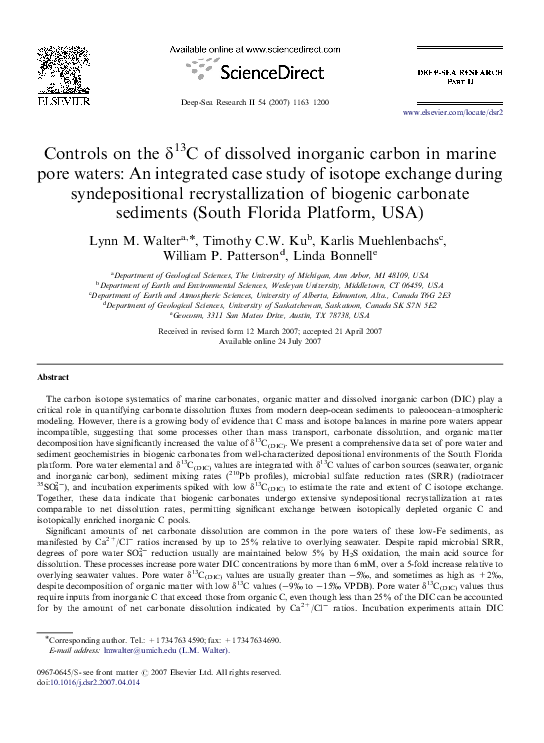 (PDF) Controls on the d13C of dissolved inorganic carbon in marine pore waters: An integrated ...
