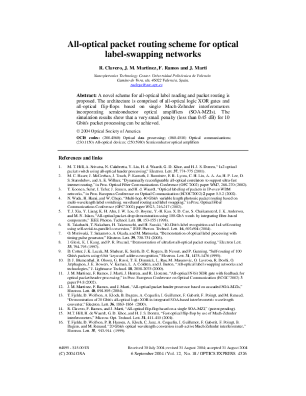 (PDF) All-optical packet routing scheme for optical label-swapping networks