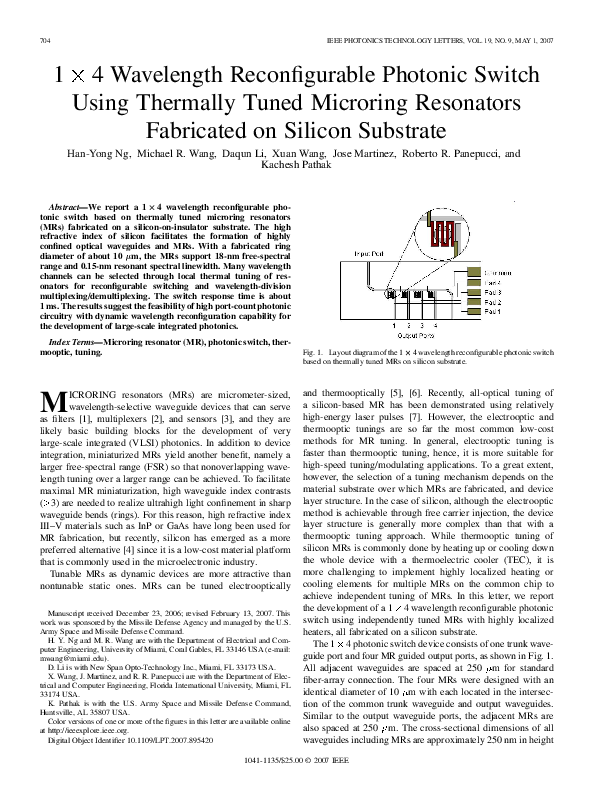 (PDF) 1 $\,\times\,$ 4 Wavelength Reconfigurable Photonic Switch Using Thermally Tuned Microring ...
