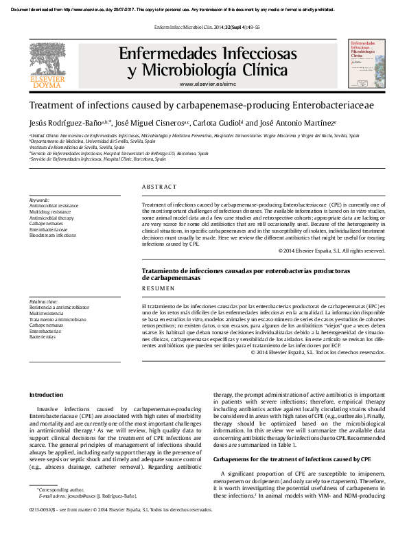 (PDF) Treatment of infections caused by carbapenemase-producing ...